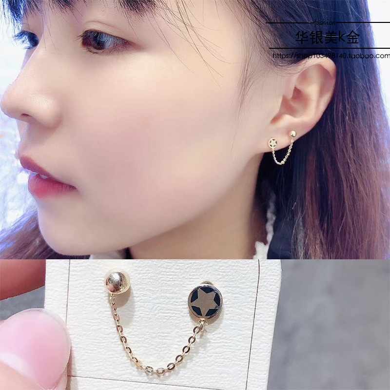 韩国纯10k14k金黄金耳钉女 气质新款双链金球拧螺丝堵螺纹耳骨钉