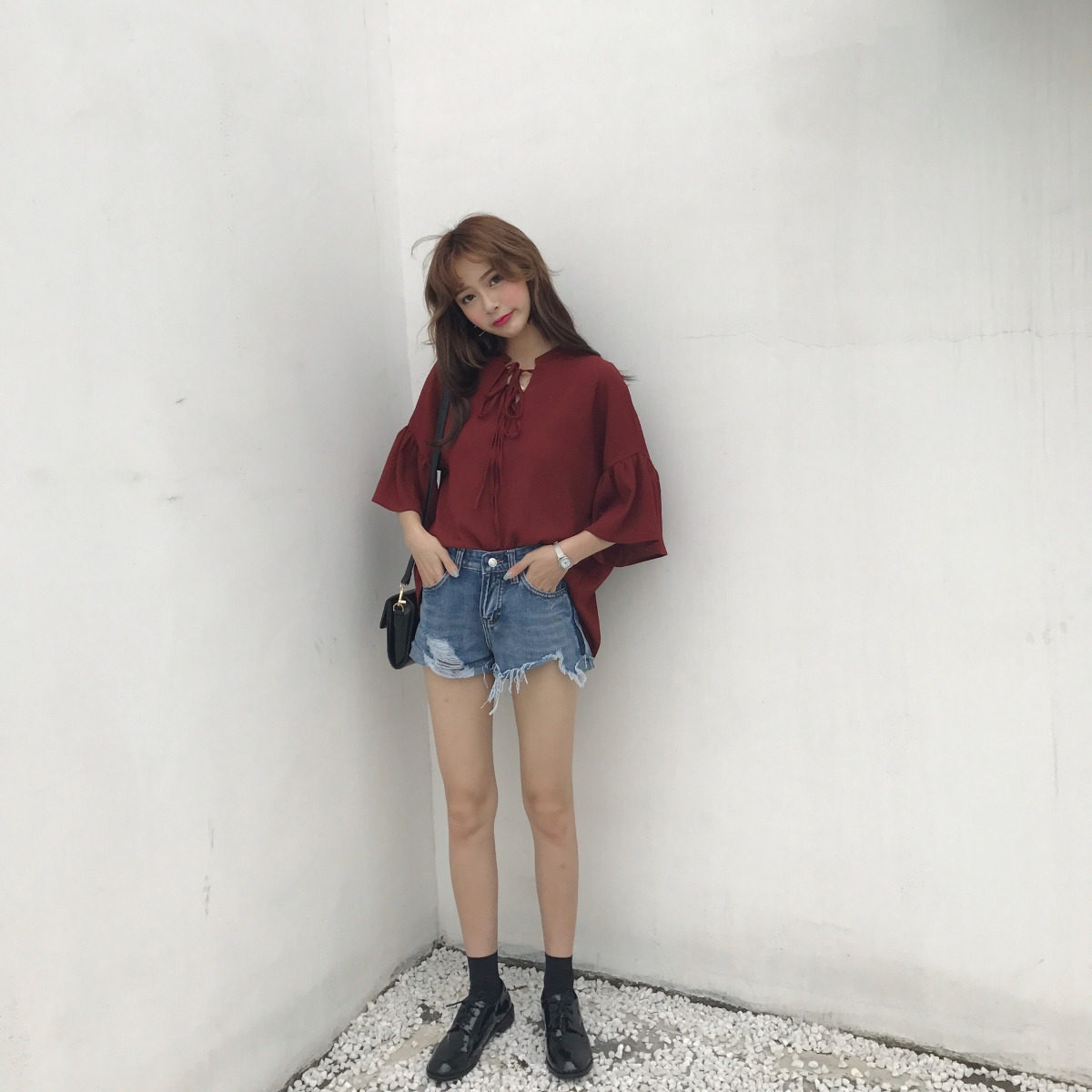 Buy 2019 new korean style women's net red fashion red tie with flared ...