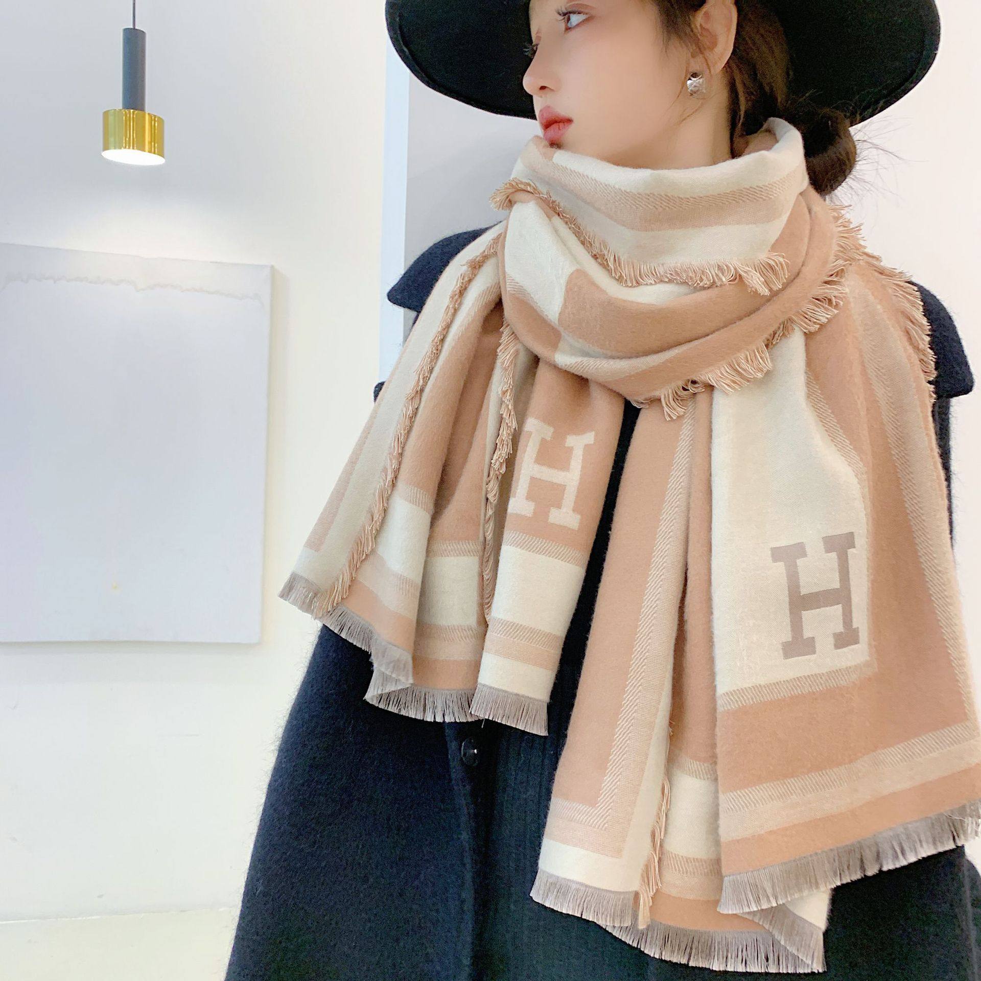 H letter scarf women autumn and winter imitation cashmere Korean ...