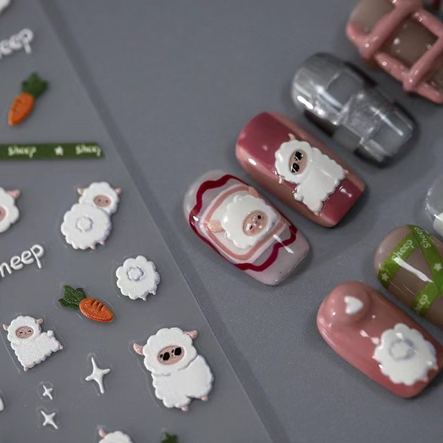 Nail art embossed sticker little sheep bleating sheep cartoon 5D three ...