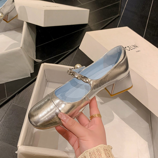 Meow's Sky 2025 Spring New French Pearl Chain Mary Jane Shoes Women's ...