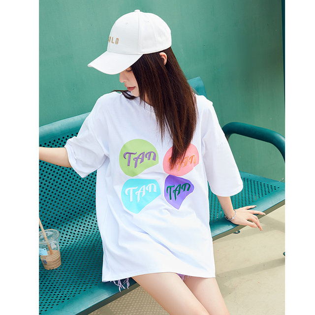 Trendy cool girl design niche unique fun printed loose big long t-shirt ...