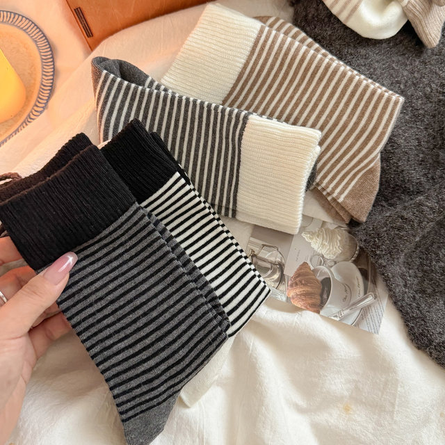 Socks that will pill, autumn and winter retro wool socks, striped mid ...