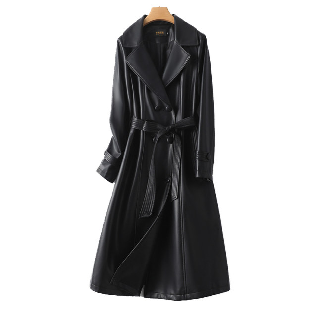 Haining leather coat women's medium-length black slim waist temperament ...