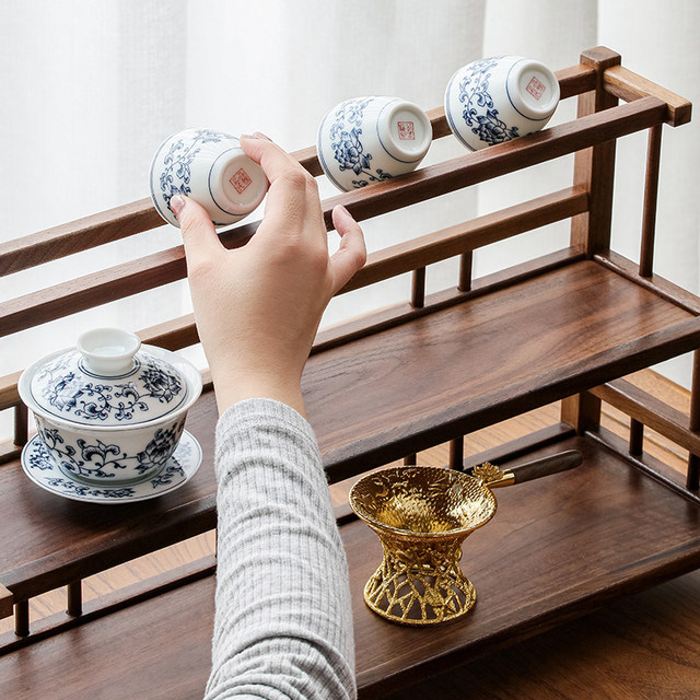 North American walnut tea set storage rack multi-layer Bogu rack tea ...
