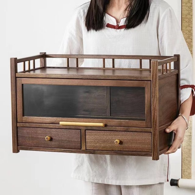 Walnut desktop storage cabinet double drawer solid wood rack dustproof ...