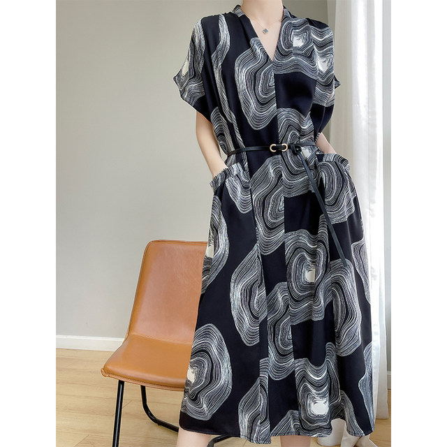 Triacetate short-sleeved dress for women, V-neck, patterned waist, lace ...