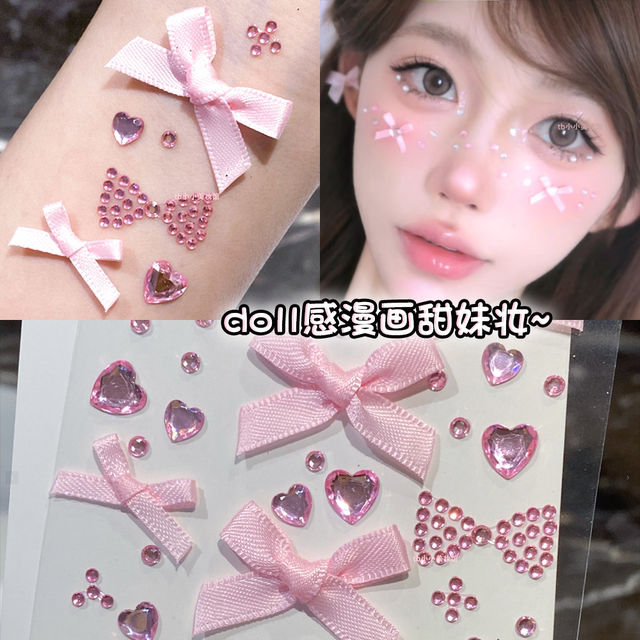 Pink bow face with face accessories concert makeup eye makeup small ...