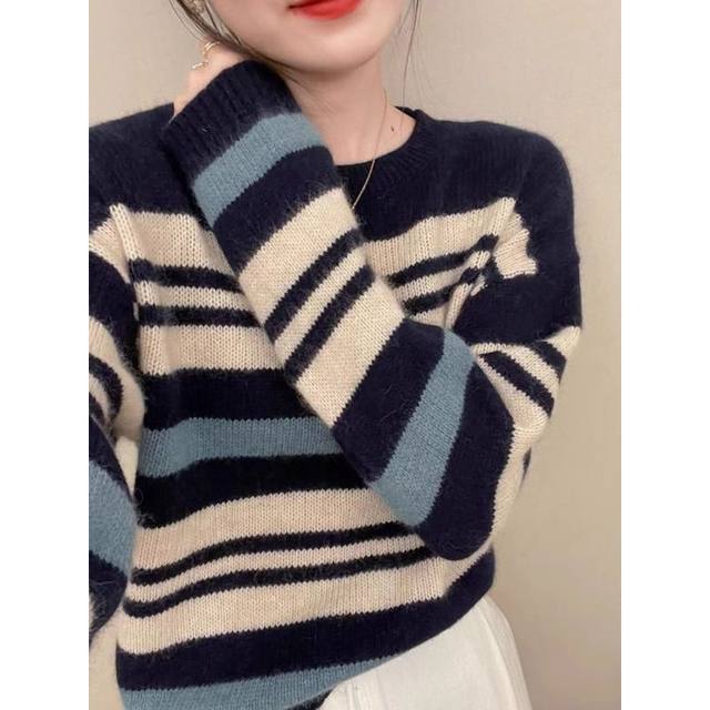 Autumn and winter long-sleeved striped color-blocking sweater round ...