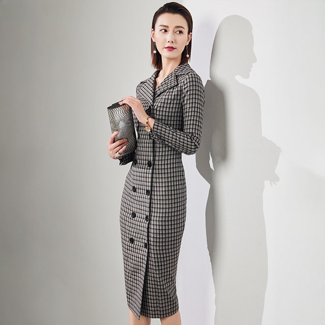 Copycris Sleeve Somber 2024 Autumn New Fashion temperament Mid -long lattice wool long -sleeved ...