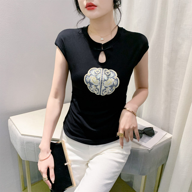 Summer new European cargo embroidered T -shirt women's sleeveless ...