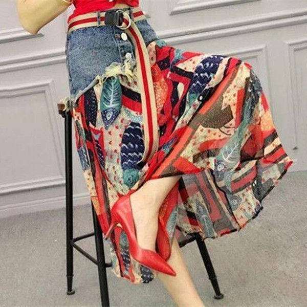 Asymmetric denim skirt Swiling chiffon floral skirt in the middle of ...