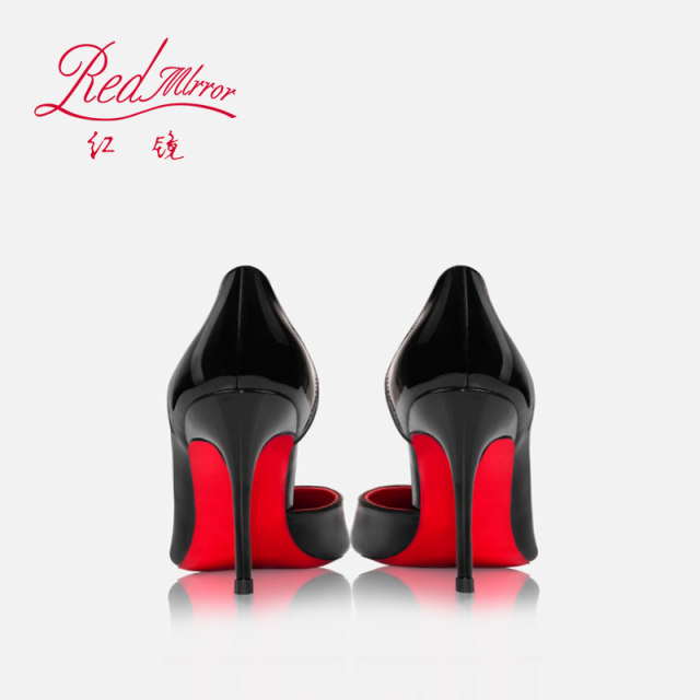 Red mirror high heels with red sole exposed toe seams and side empty ...