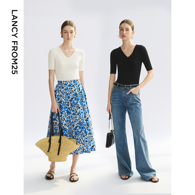 Langzi's new summer 2025 new style high-end wool sweater French sweater v-neck white top