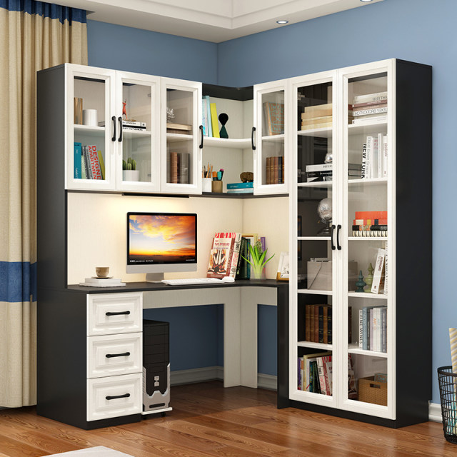 Corner desk bookshelf combination bookcase writing desktop computer ...