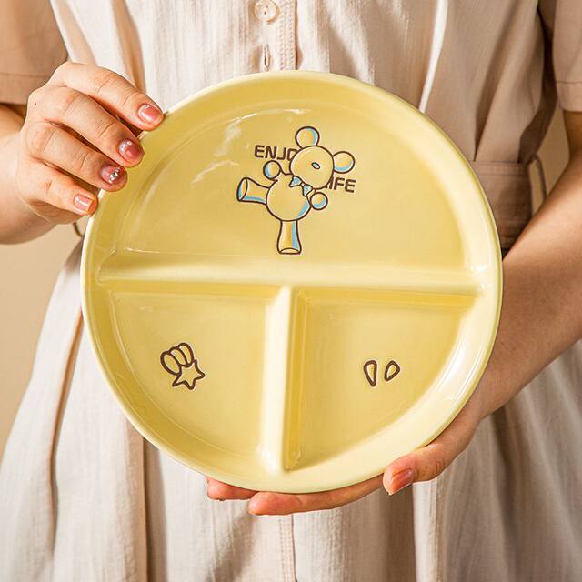 Ceramic bear tableware grid plate household plate cover bowl noodle ...