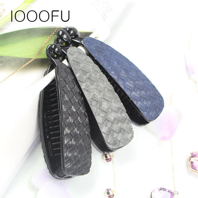 Woven cortex grabbed solid -color leather hair clip Korean medium ...