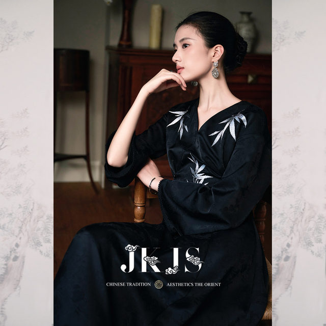 JKJS high-dimension bamboo leaf jacquard Chinese style dress spring and ...