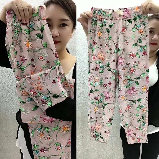 Bingzi acetic acid satin casual pants small black ticked flower loose ...
