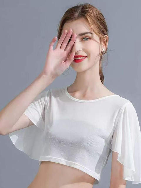 Summer new solid color mesh bottoming half T-shirt women's half top ...