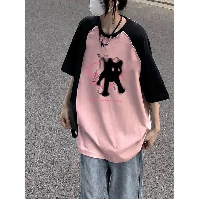 Sweet and spicy black pink raglan sleeve short-sleeved T-shirt for ...