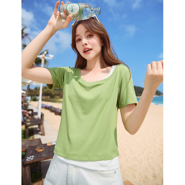Tang Shi fake two-piece short-sleeved T-shirt for women's summer shirt ...