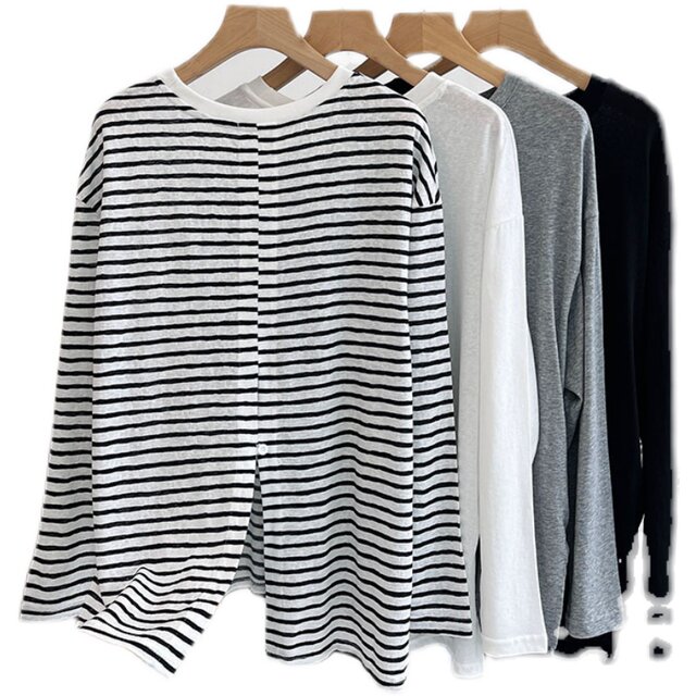 Back slit design striped long-sleeved sunscreen shirt for women loose ...