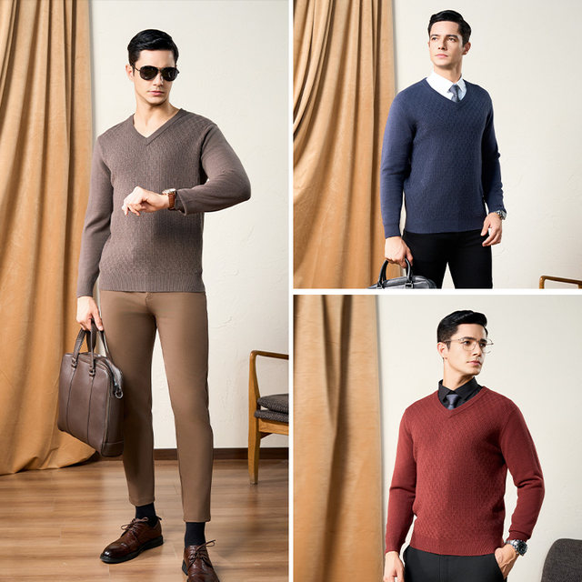 Chunzhu 100% sheep wool new winter thickened V-neck men's pullover ...