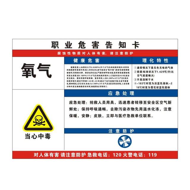 Oxygen Occupational Disease Hazard Notification Card Argon Hydrogen ...