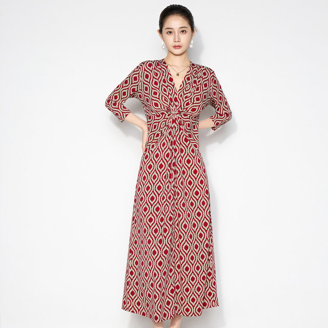 Ma Tiannu 2025 summer new red printed dress V-neck waist slim long ...