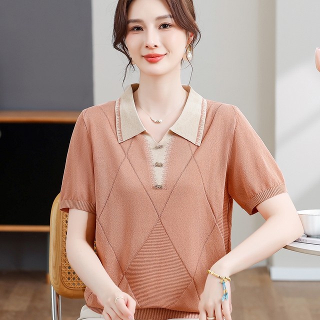 Fashionable mother summer lapel ice silk short sleeve breathable shirt ...