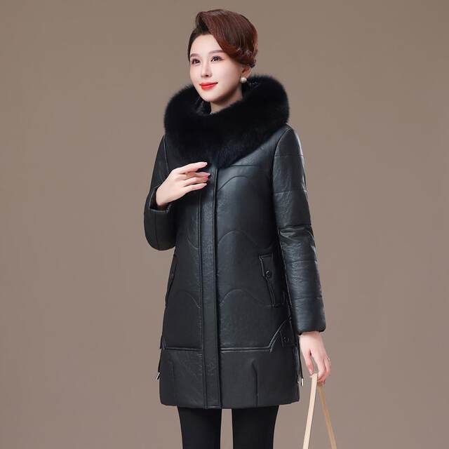 Haining leather down jacket female medium long size mothers wear leather jackets and velvet ...