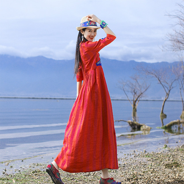 Spring and Autumn Printed A-Line Skirt Retro Ethnic Style Versatile ...