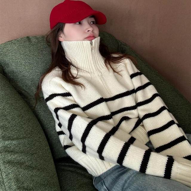 In addition, high collar half zipper striped contrasting color college ...
