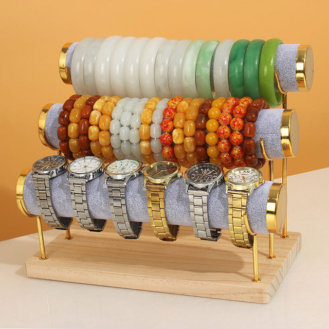 High-end golden solid wood three-layer bracelet display stand watch ...