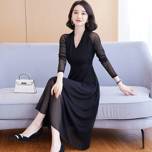 Spring and Autumn Nets Dress Women's long sleeves 2024 new large size V ...