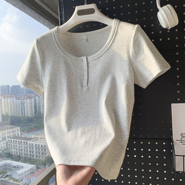 American retro round neck grey shoulder T-shirt for women short-sleeved ...
