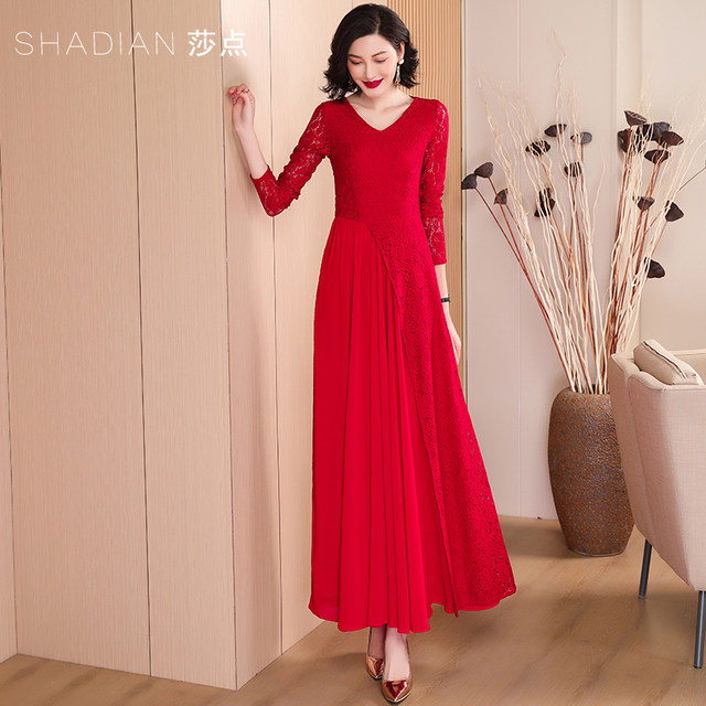 Autumn new red dress long long -sleeved long skirt, waist temperament ...