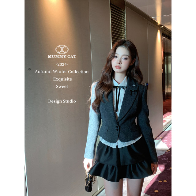 MummyCat egg laying meow grey 100 wool gun woolen waist-closing suit jacket