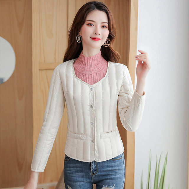 Down lining women's thin slim fit bottoming short vest long-sleeved warm white duck down low ...
