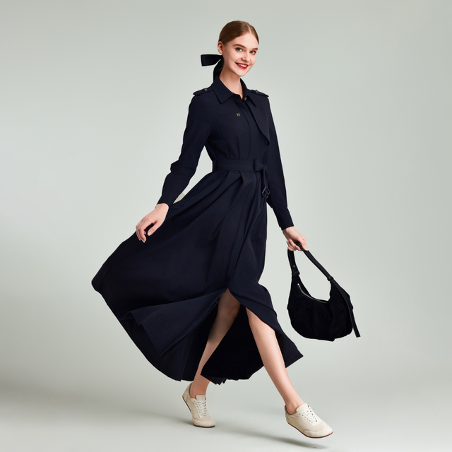 HAVVA simple long-sleeved black windbreaker dress slim design women's ...