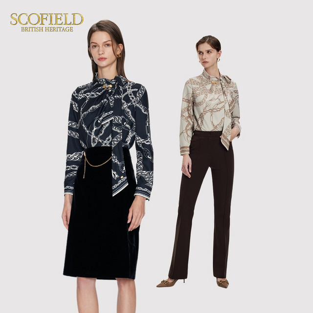Scofield Women's Fashion Chain Printed Shirt Tie-Linged Long Sleeve Top ...