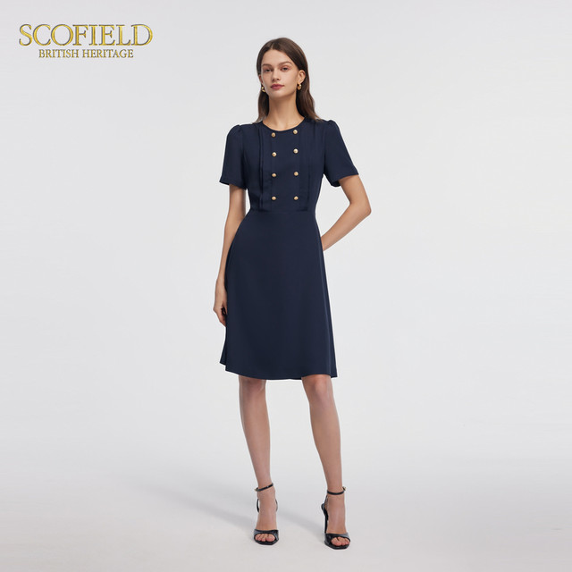 Scofield women's navy style double-breasted dress elegant waist-hugging ...