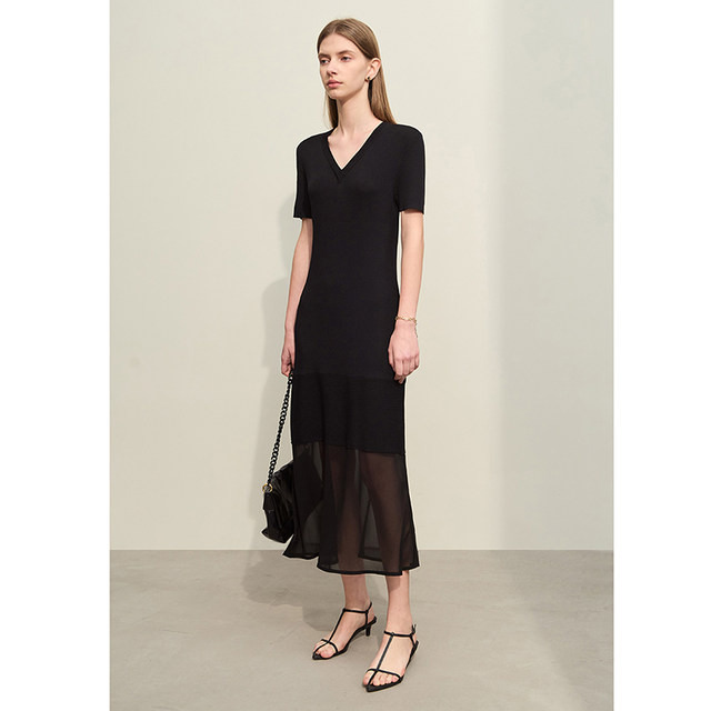 AMII2024 new summer long skirt V -neck chiffon short -sleeved dress female knitted fishtail ...