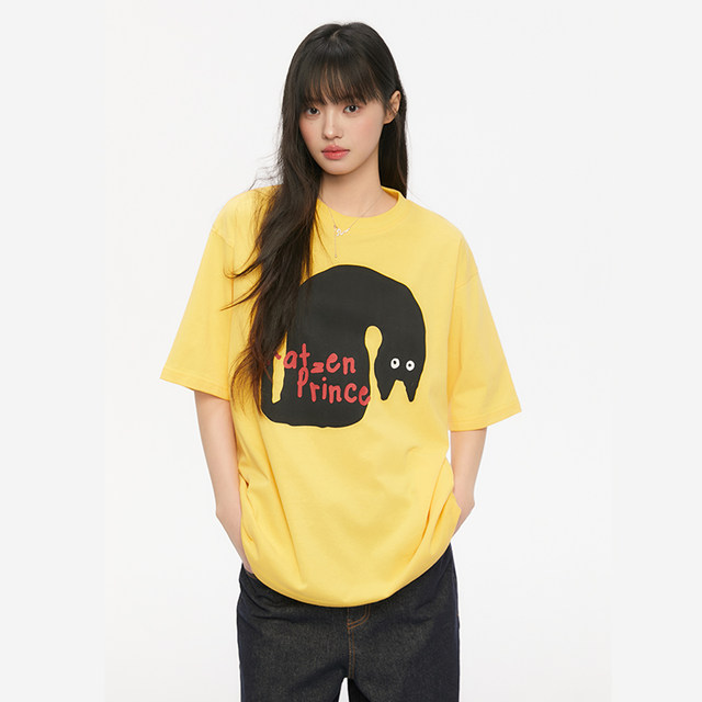 King Prince lazy cat printed T-shirt versatile loose breathable round ...