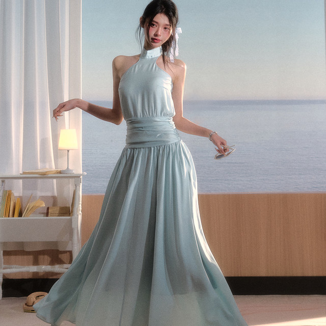 SDN by41 Sea Salt Muse Romantic Mid-high-neck Chiffon Dress Women's Sleeveless Vest Pleated Slim ...