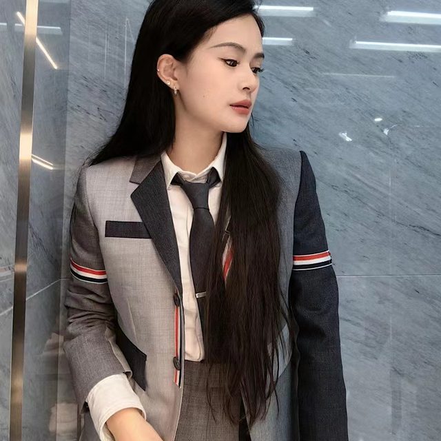 Spring TUMA TB wool color block nine-point sleeve small suit jacket commuter suit top wool short ...
