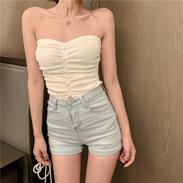 2020 summer new slim knitted strapless pleated inner wear sexy short ...