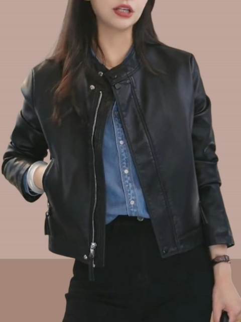 2024 spring and autumn new women's black small leather jacket small ...