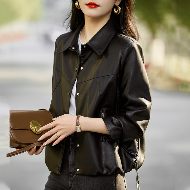 Loose leather jacket for women 2025 new beige small short style ...